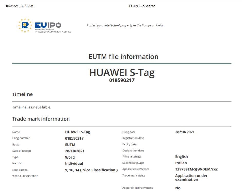 Huawei registered S-Tag trademark: May be use for smart tracking label ...